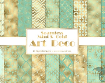 Mint and Gold Art Deco Digital Paper Seamless Deco Patterns - Etsy