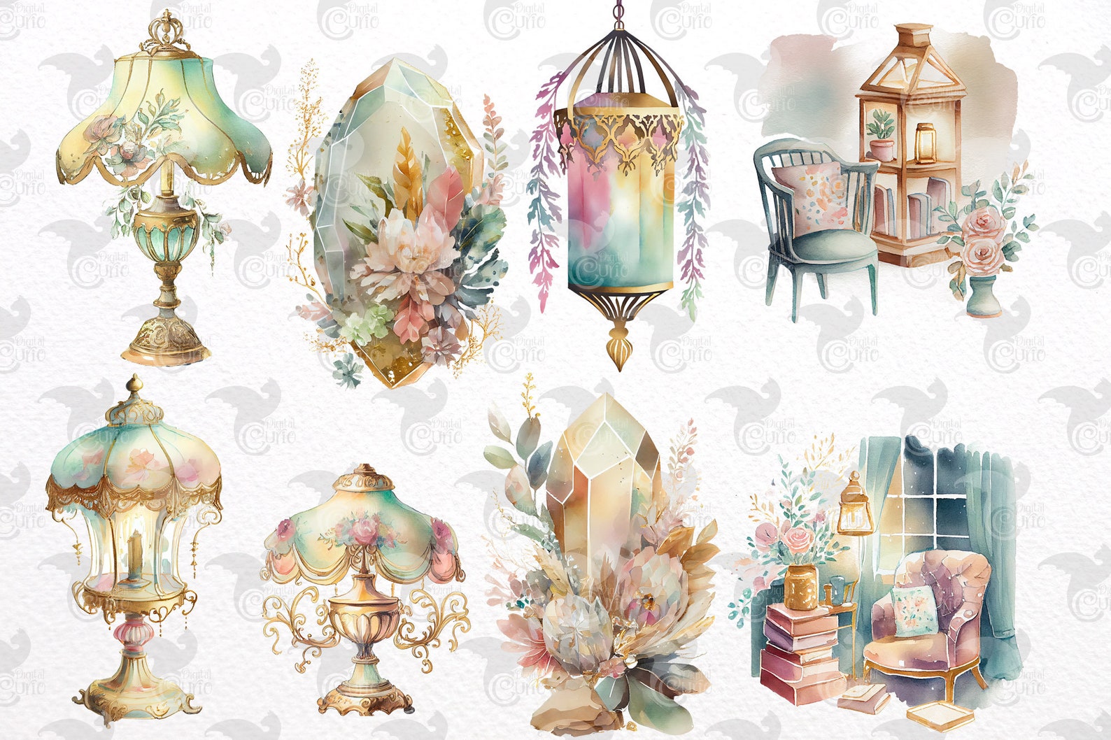 Watercolor Cottagecore Lights Clipart Floral Antique Lamp Png ...