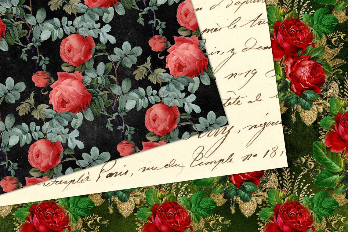 Vintage Red Roses Digital Paper, Seamless Scrapbook Patterns (digital ...