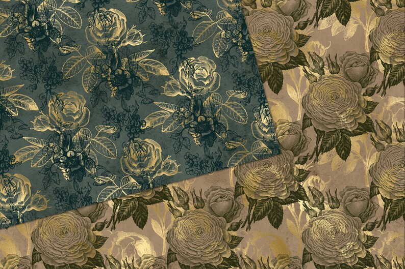 Elegant Roses Digital Paper Seamless Gold Flower Patterns | Etsy