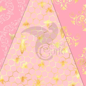 Princess Bee Digital Paper, Blush Pink and Gold Honey Bee Seamless ...