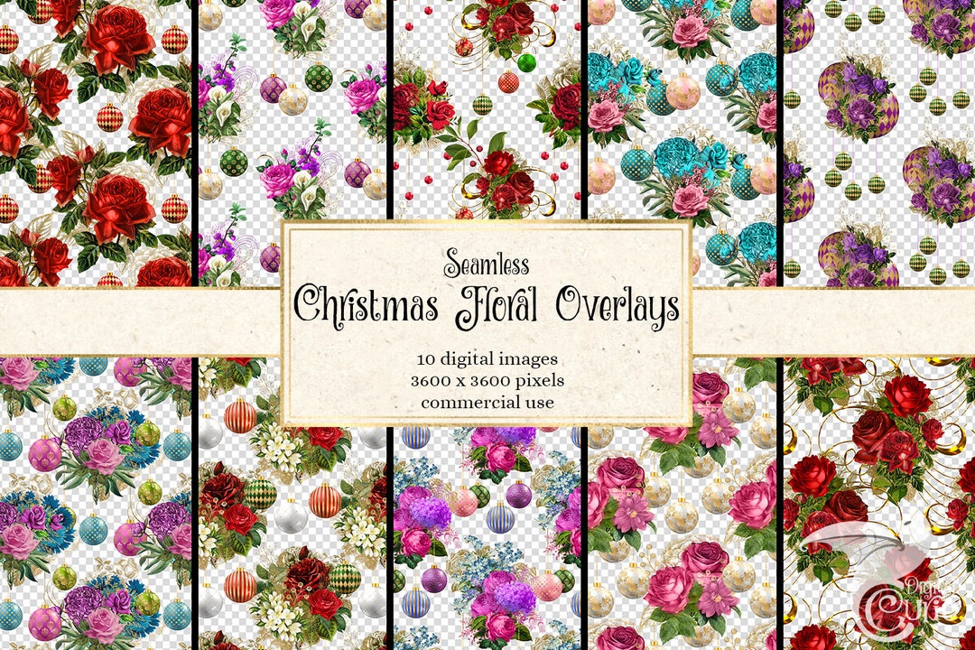 Christmas Floral Pattern Overlays, Seamless Flower PNG (digital ...
