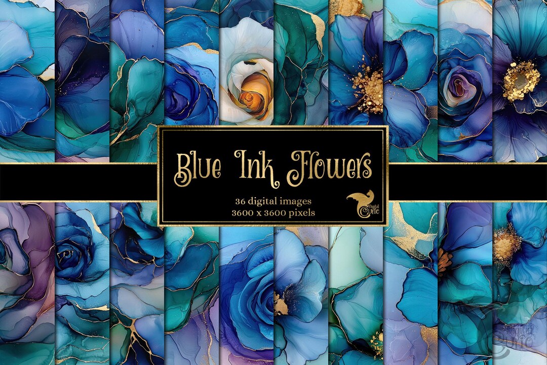 Blue Ink Flowers Digital Paper - Alcohol Ink Textures for Spring ...