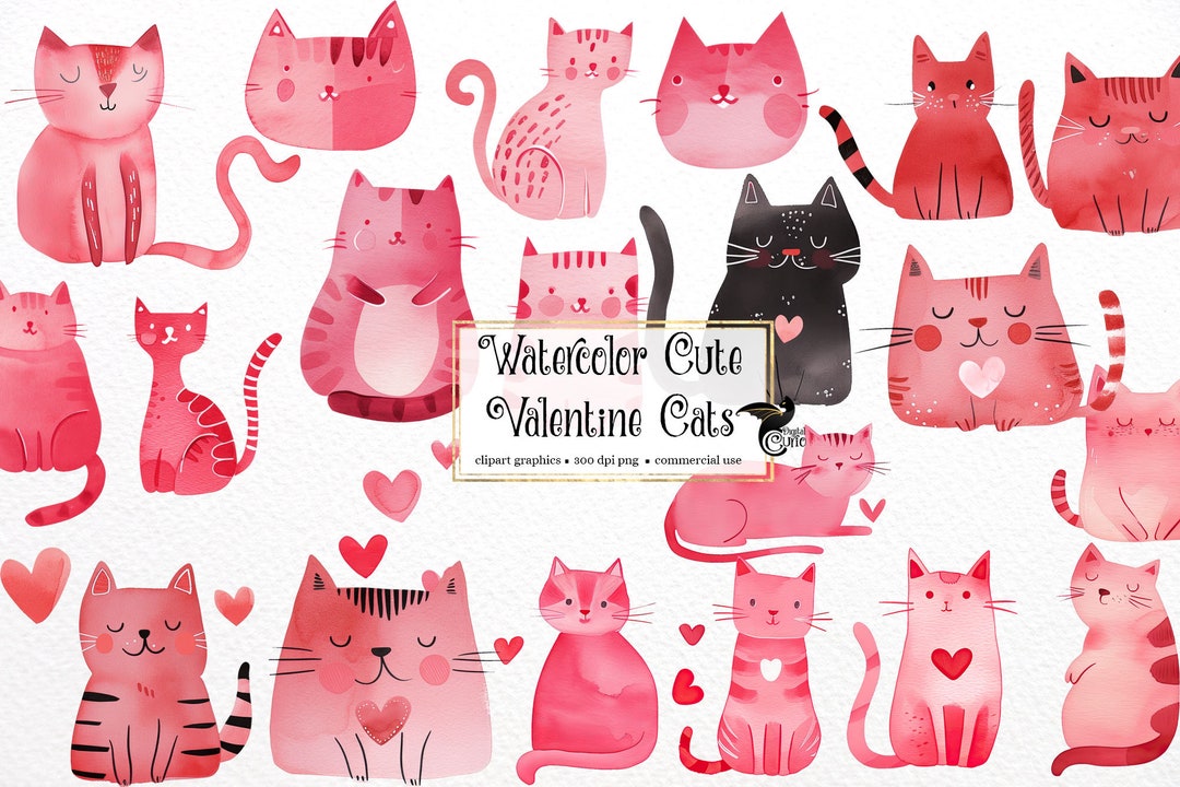 Watercolor Cute Valentine Cats Clipart - Heart Kitty PNG Format Instant ...