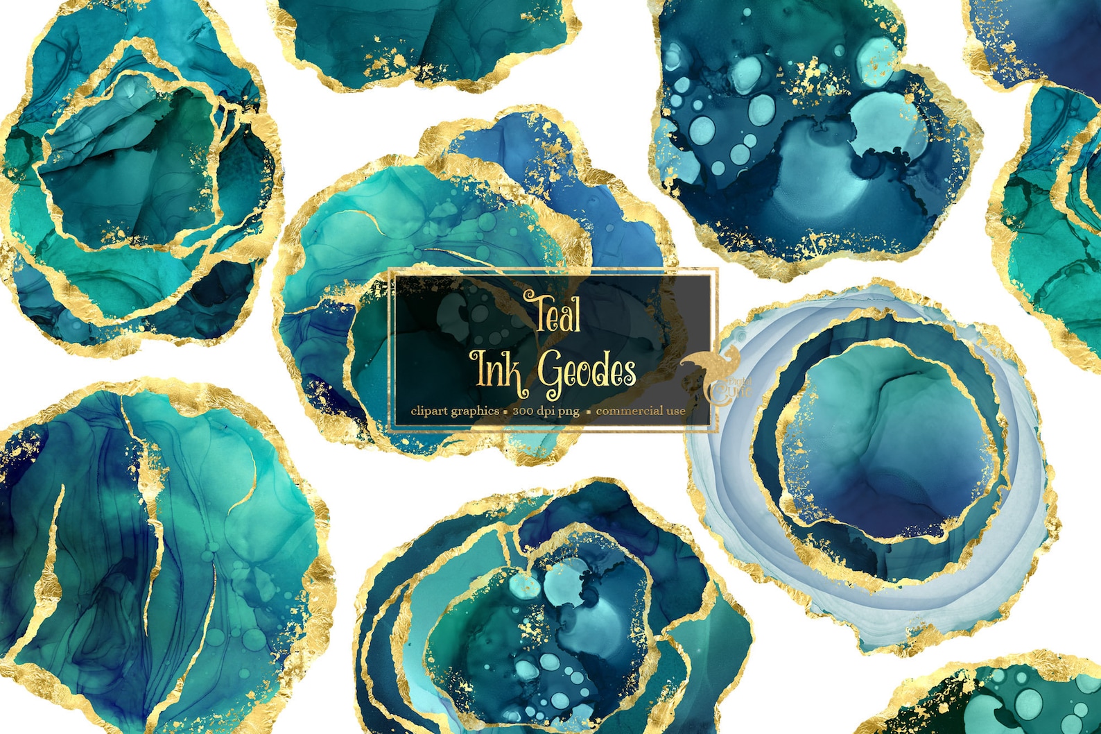 Teal Ink Geodes Clipart Gold Foil Agate Gems in Png Format - Etsy