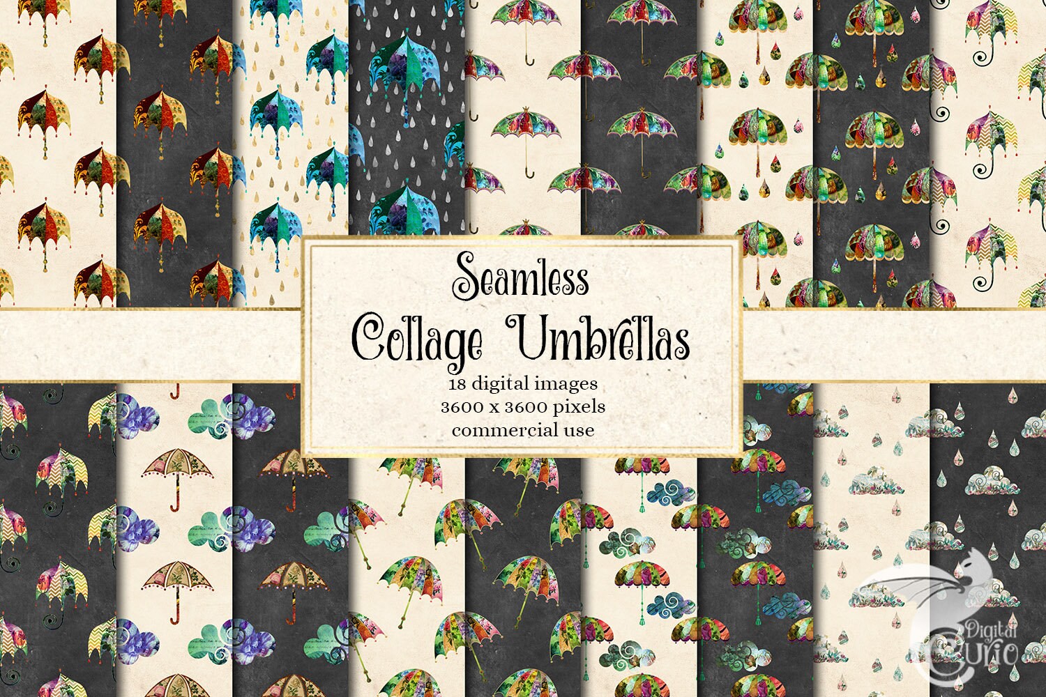 Collage Umbrella Digital Paper seamless patterns with rain | Etsy