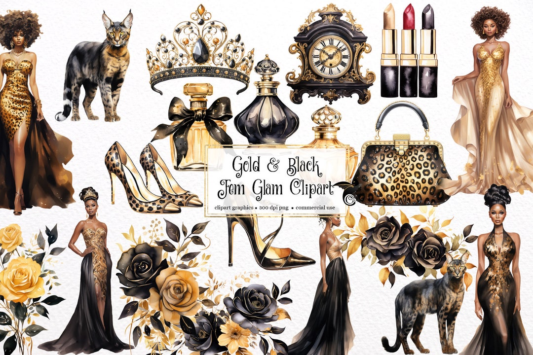 Gold and Black Fem Glam Clipart - Digital Png Cosmetics and Prom, Black ...