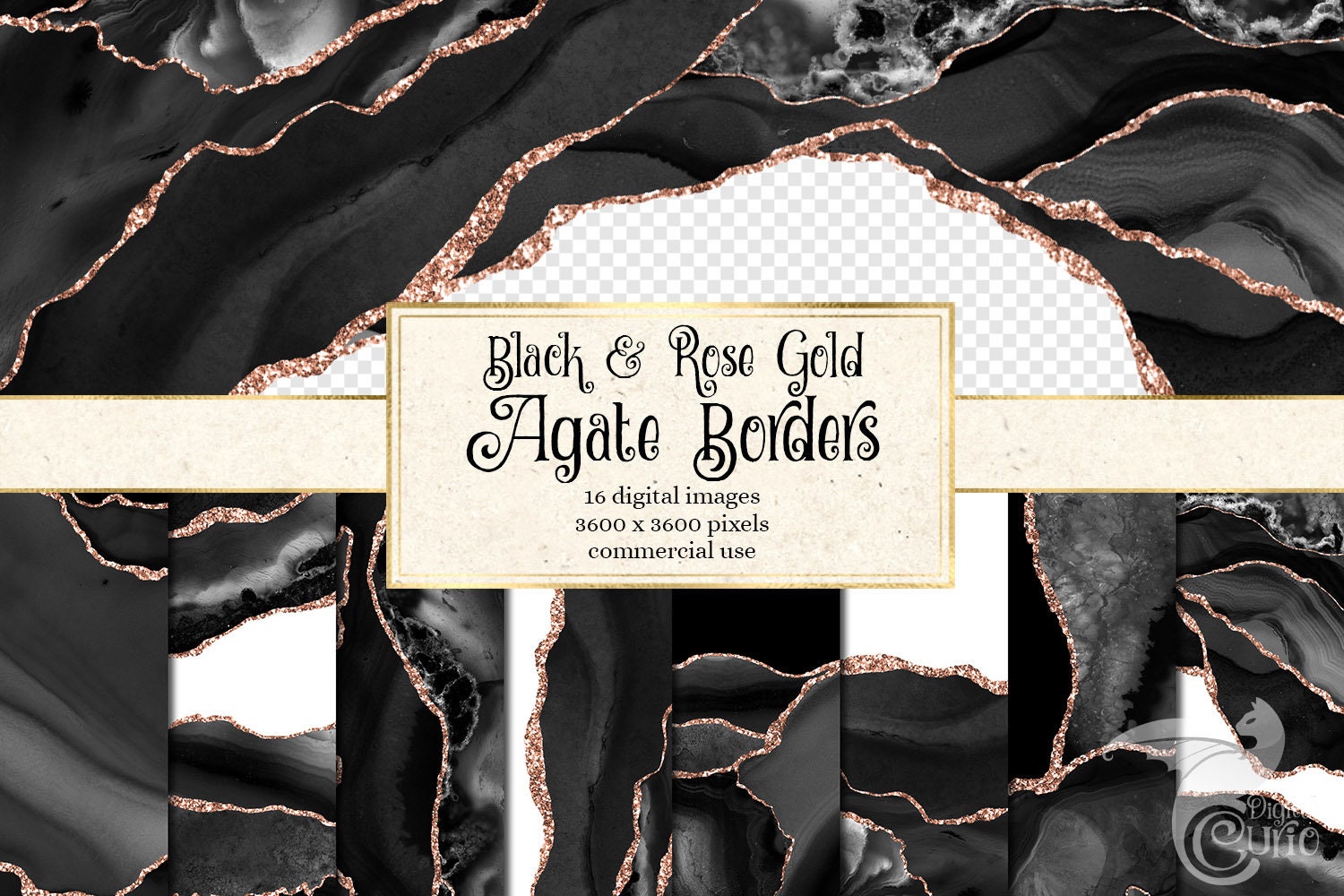Black and Rose Gold Agate Borders, Watercolor PNG Overlays (digital ...