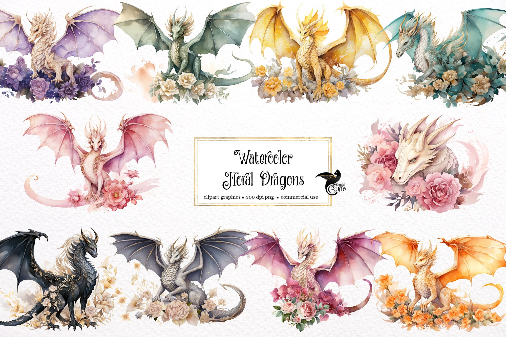 Watercolor Floral Dragon Clipart – Fantasy PNG Images (digital Download ...