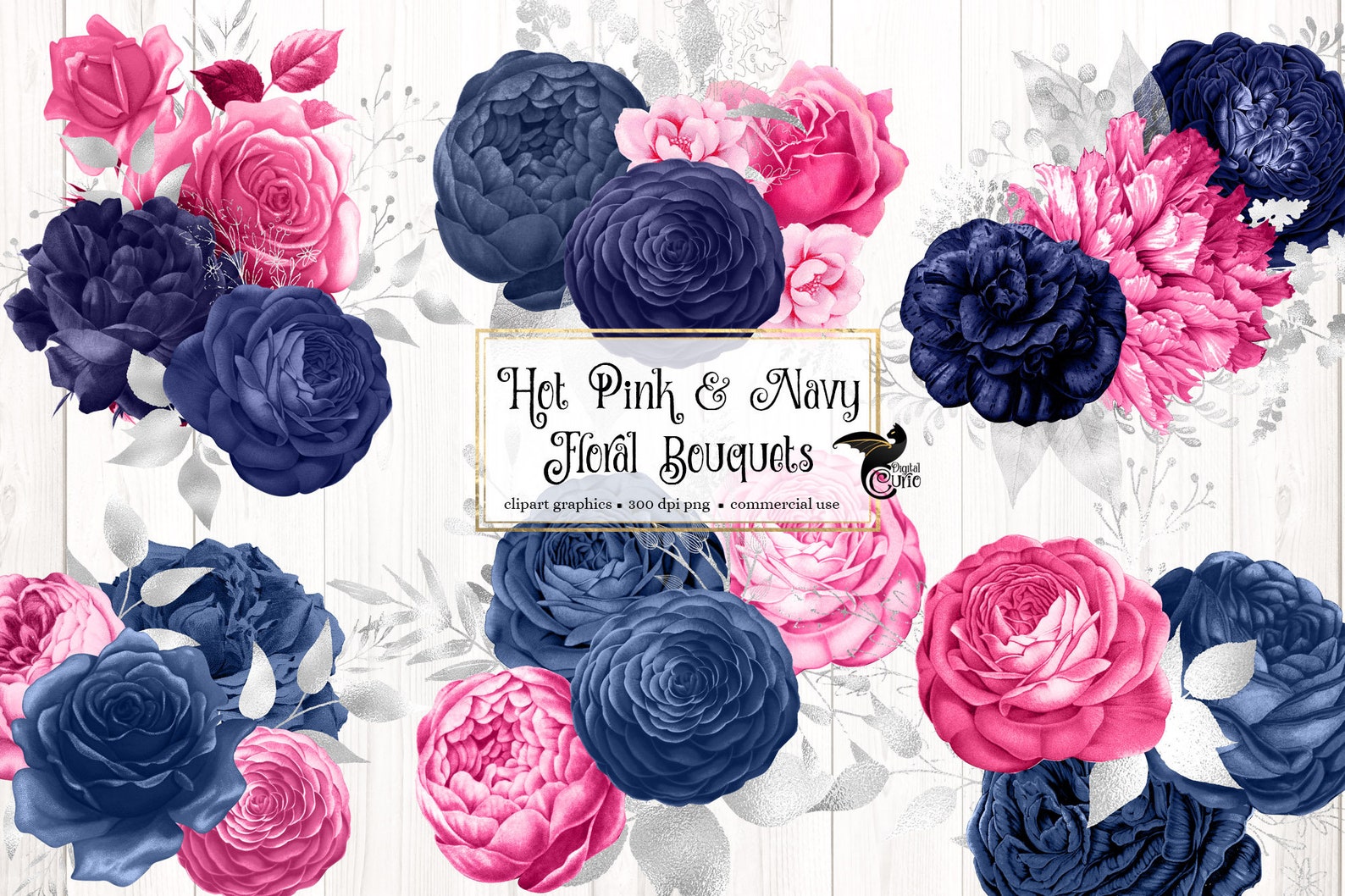 Hot Pink and Navy Floral Bouquets Clipart Digital Instant - Etsy