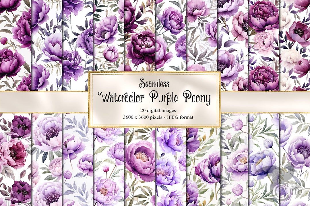 Watercolor Purple Peony Digital Paper, Seamless Floral Printable ...