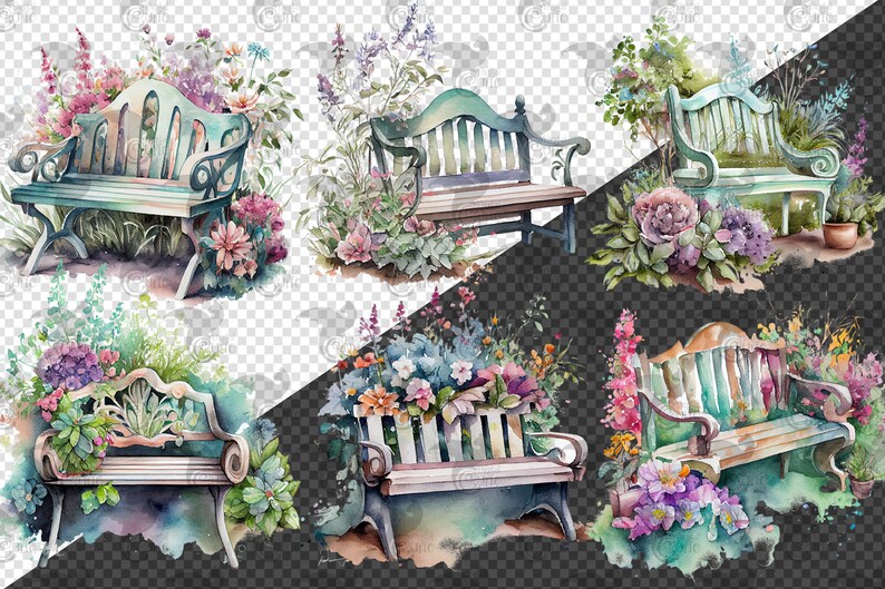 Watercolor Garden Benches Clipart Park Bench PNG Format - Etsy