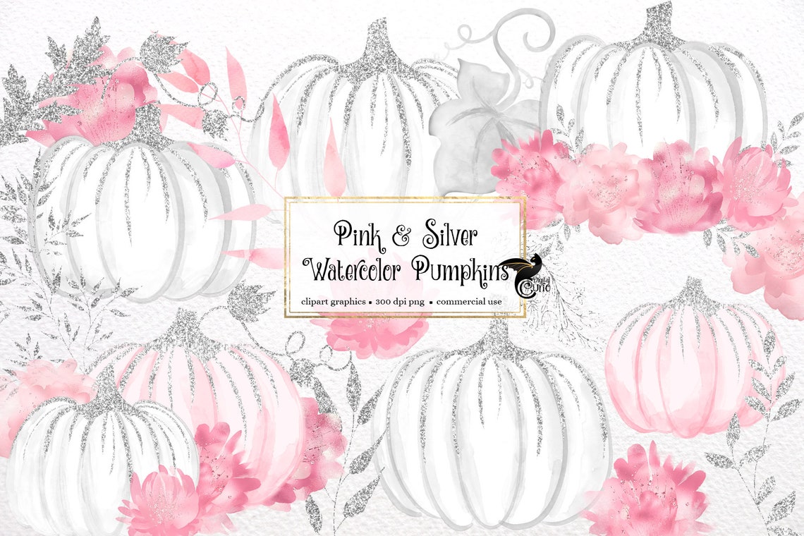 Pink and Silver Watercolor Pumpkins Clip Art Sparkling | Etsy