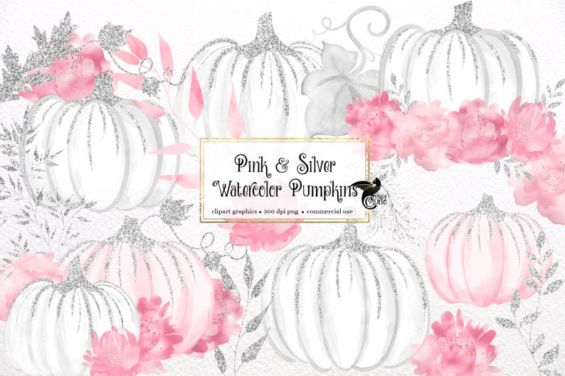 Pink and Silver Watercolor Pumpkins Clip Art Sparkling | Etsy