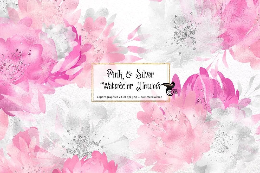 Pink and Silver Watercolor Flowers Clipart - Shimmering Glitter ...