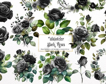 Watercolor Black Rose Clipart, Gothic Roses Clipart, Floral Clipart ...