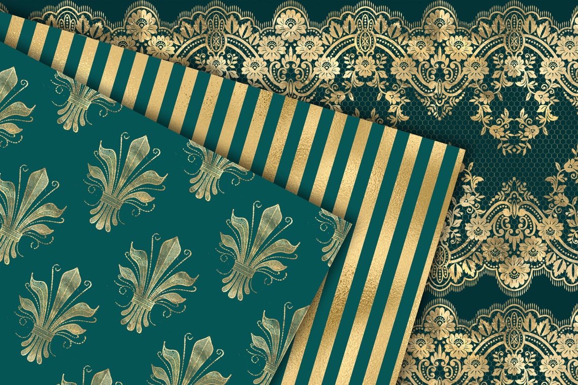 Victorian Teal and Gold Digital Paper, Seamless Damask Patterns ...