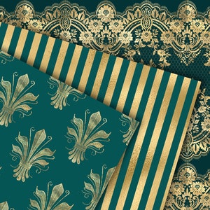 Victorian Teal and Gold Digital Paper, Ornate Seamless Patterns With ...