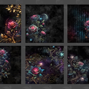 Rose Spells Digital Paper - Dark Galaxy Magic Floral Grunge Textures ...