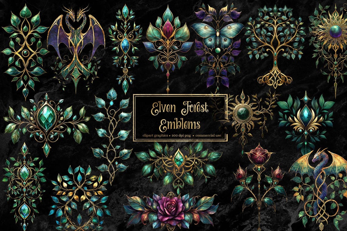 Elven Forest Emblems – Fantasy Leaf & Tree Graphics (PNG, Digital ...