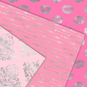 Pink and Silver Digital Paper, Seamless Silver Foil Baby Shower Pink ...