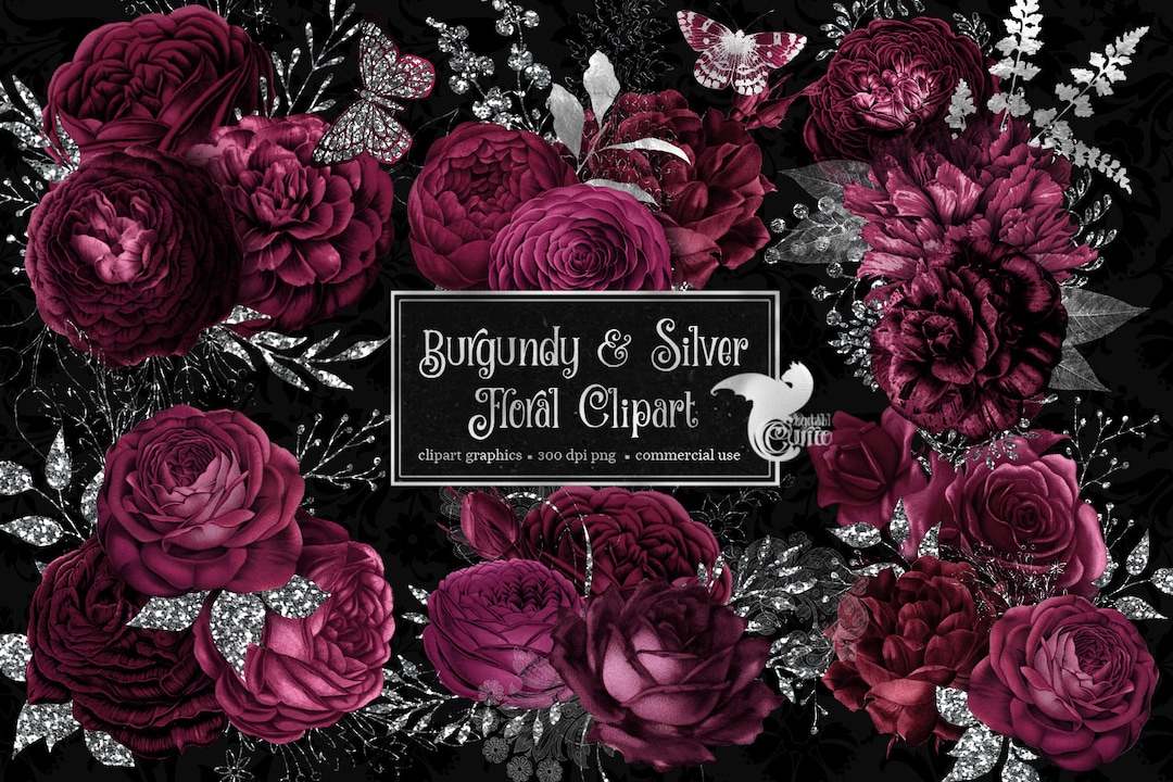Burgundy and Silver Floral Clip Art, Digital Instant Download Painted ...