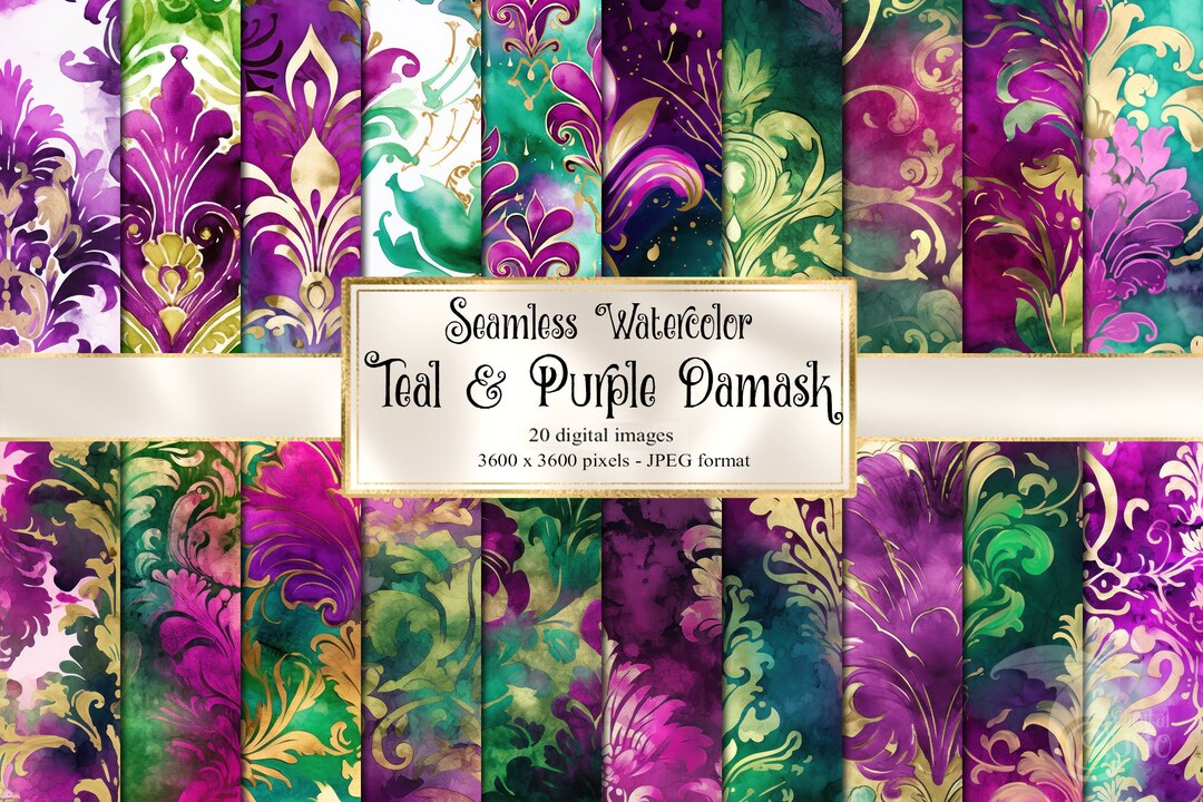 Watercolor Teal and Purple Damask - Seamless Printable Digital ...