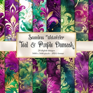 Watercolor Teal and Purple Damask - Seamless Printable Digital ...