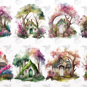 Watercolor Spring Cottages Clipart - Springtime Cute Little Houses PNG ...