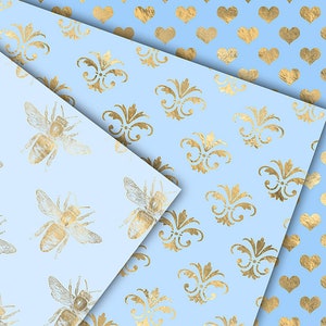 Baby Blue and Gold Digital Paper, Seamless Gold and Blue Patterns, Foil ...