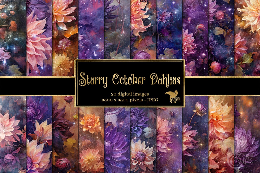 Starry October Dahlias Digital Paper, Celestial Romantic Floral Digital ...