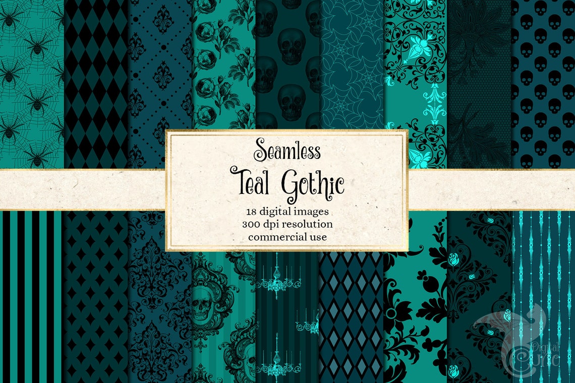 Teal Gothic Digital Paper Seamless Skull Damask Halloween | Etsy