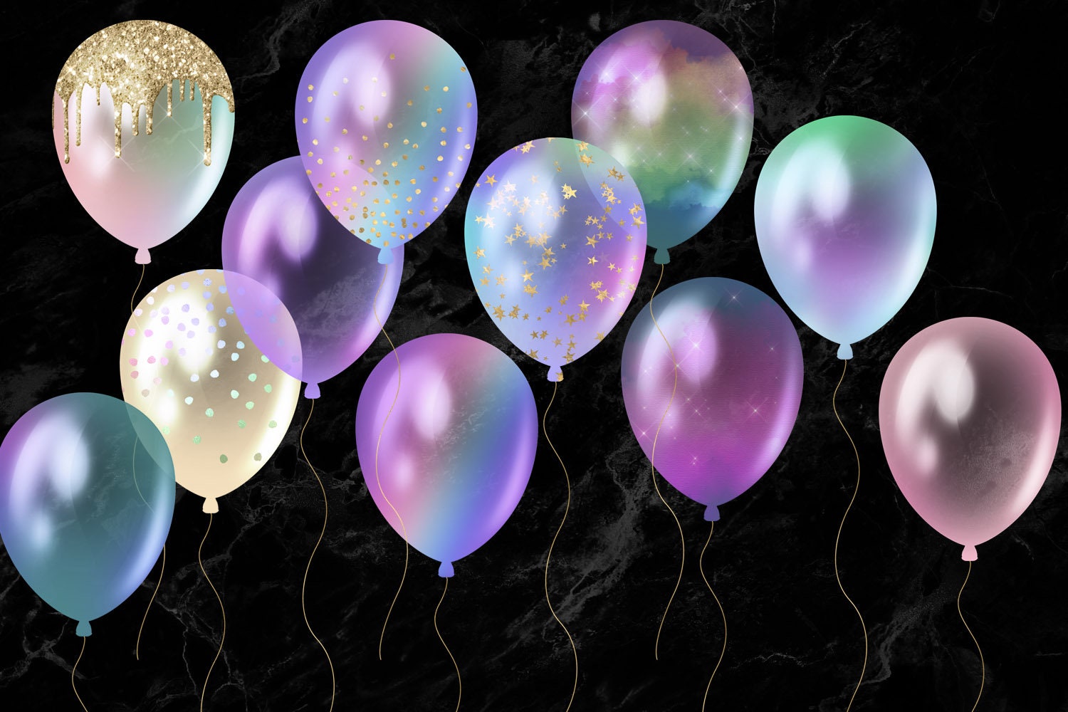 Rainbow Balloons Clipart – Iridescent Pastel Party Graphics (digital ...