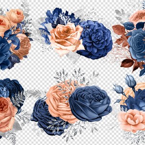 Coral Navy Silver Floral Bouquets Clipart, Digital Instant Download ...