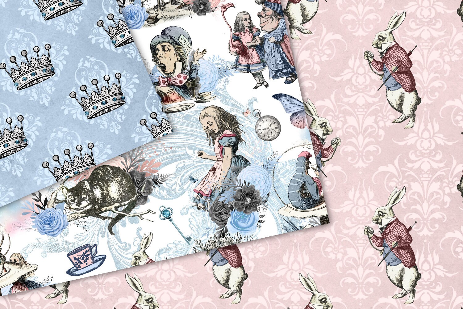Blue and Blush Alice Digital Paper Vintage Alice's | Etsy