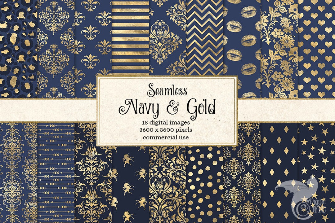 Navy and Gold Digital Paper, Seamless Gold Foil Backgrounds, Gold ...