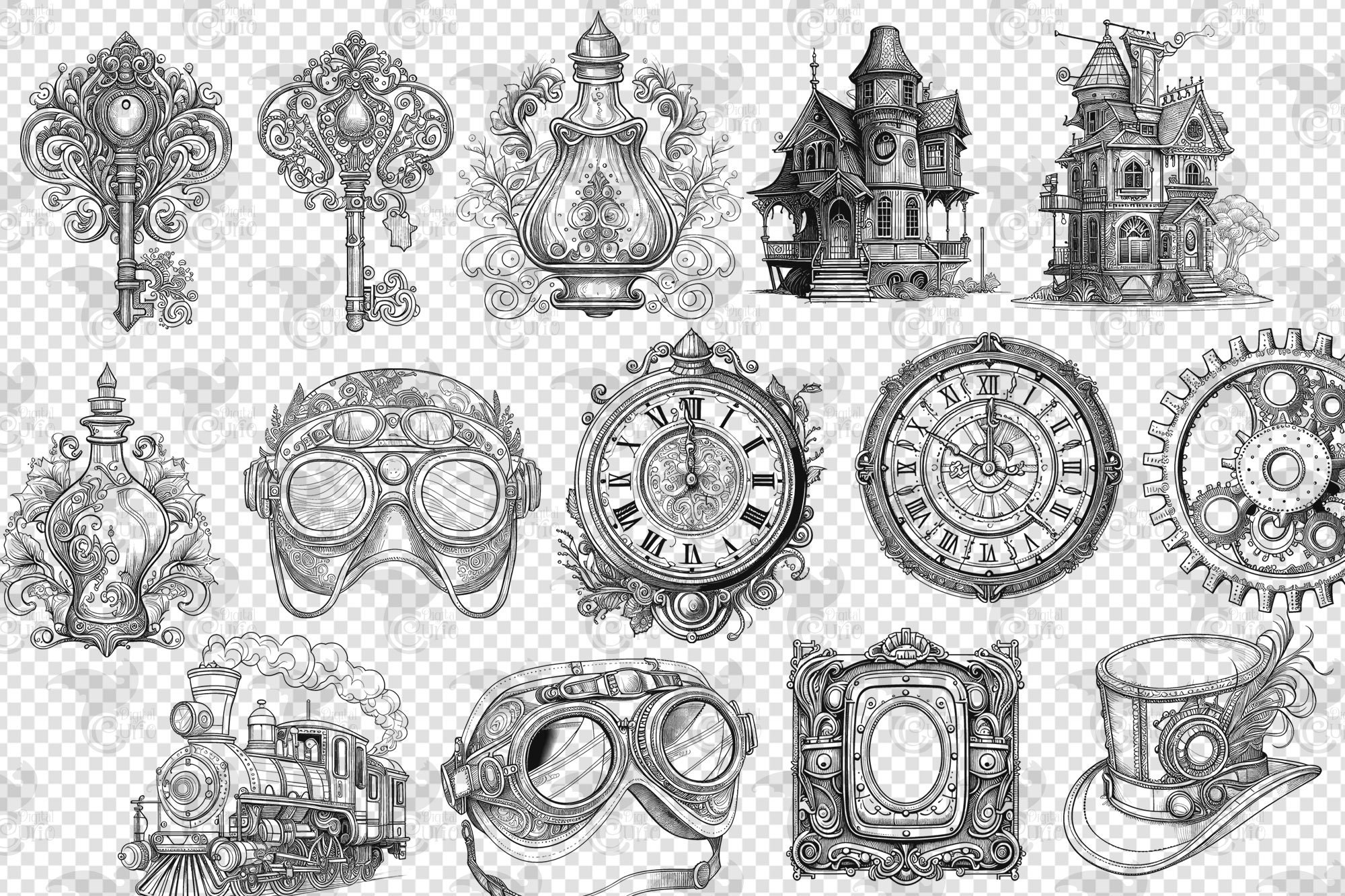 Steampunk Line Art Clipart gráficos de imágenes prediseñadas - Etsy España