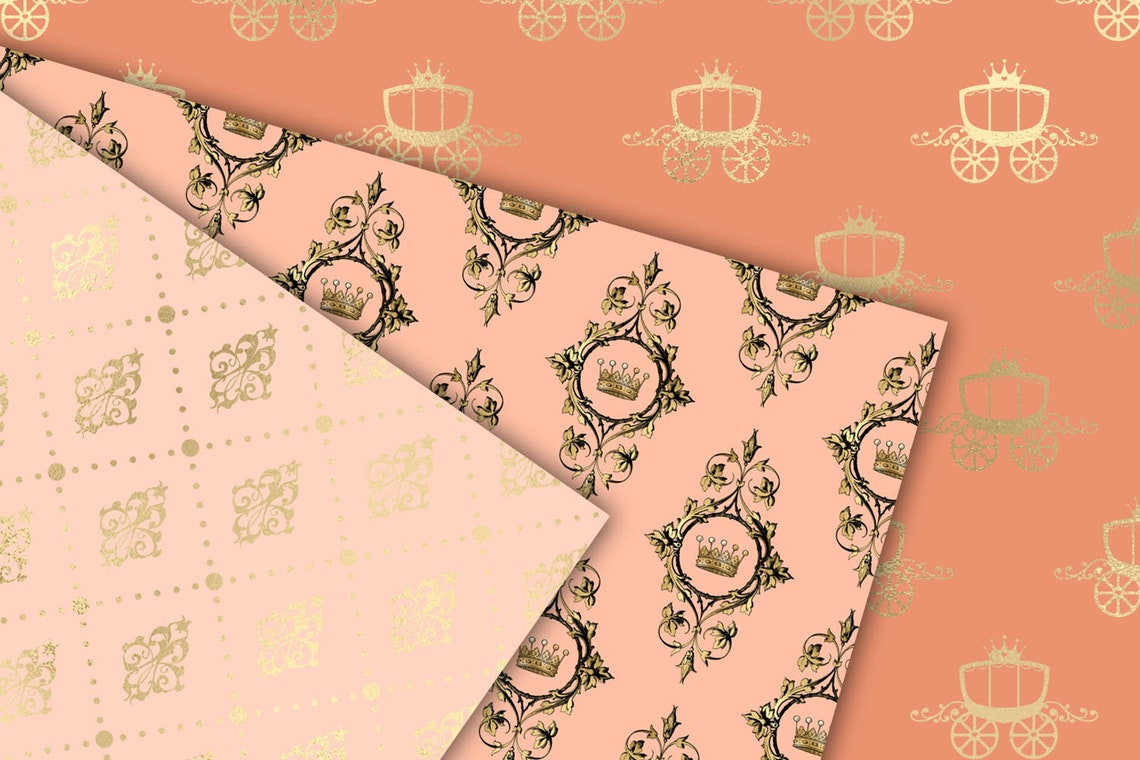 Peach and Gold Princess Digital Paper, Seamless Scrapbook Patterns ...