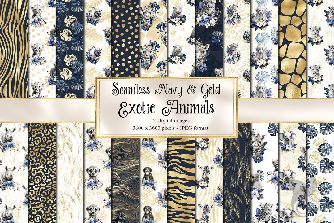Navy and Gold Exotic Animals Digital Paper - Seamless Navy Safari Cute ...