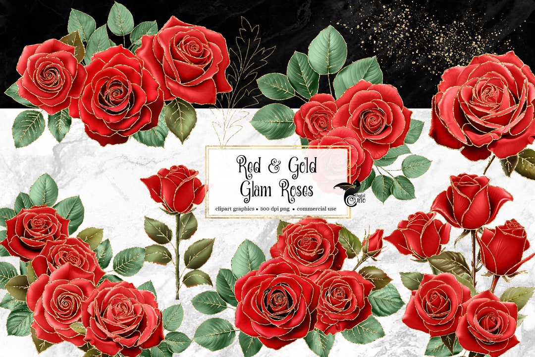 Red and Gold Glam Rose Clip Art, Digital Instant Download Glitter ...