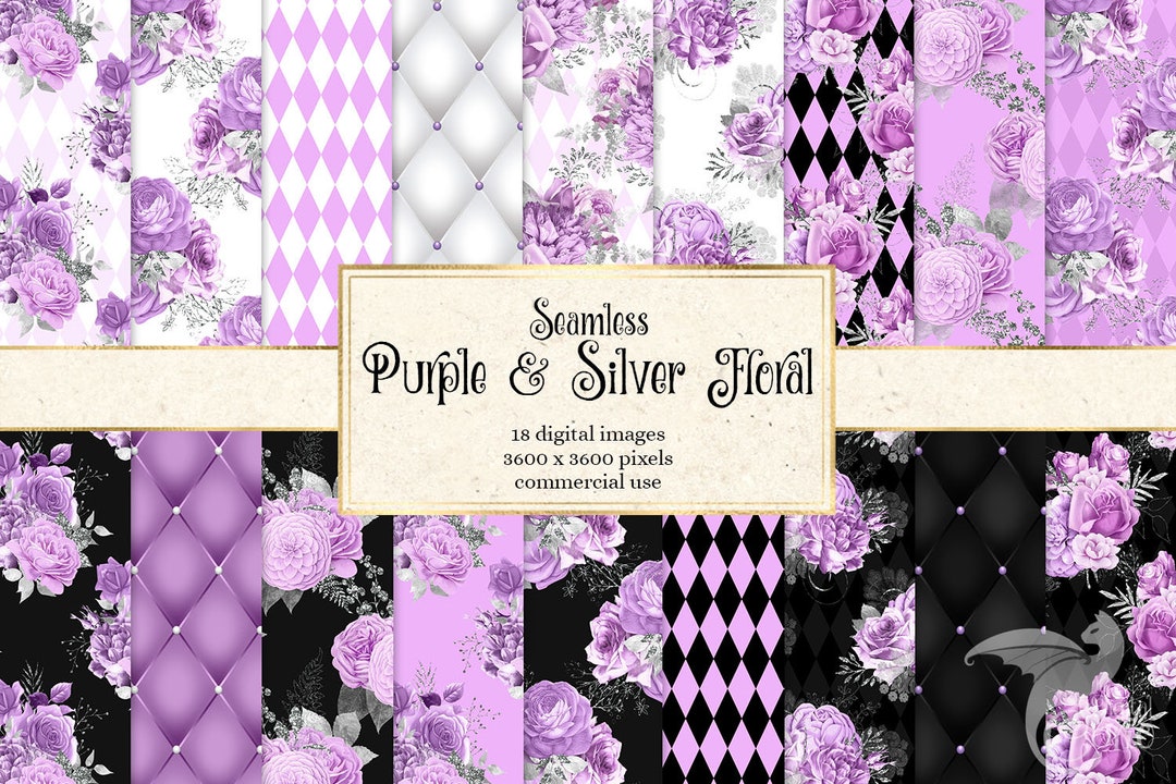 Purple Floral Digital Paper, Silver Glitter, Watercolor Flowers ...