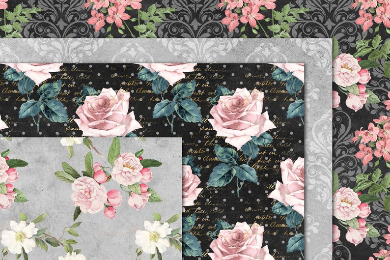Blush and Black Floral Digital Paper Seamless Floral Patterns | Etsy