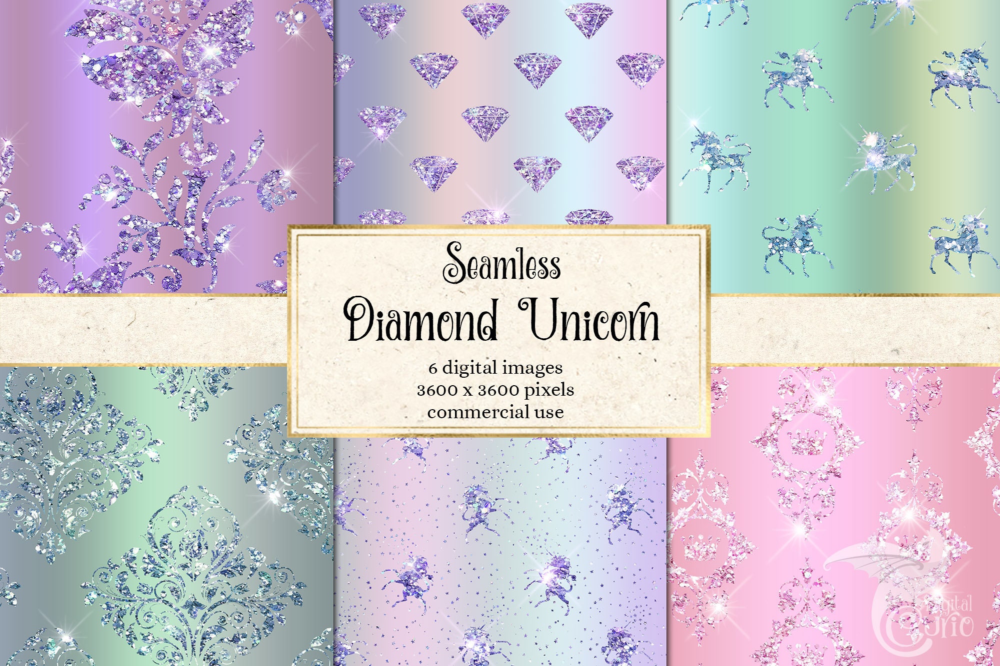 Diamond Unicorn Digital Paper Seamless Fantasy Glitter Glam | Etsy