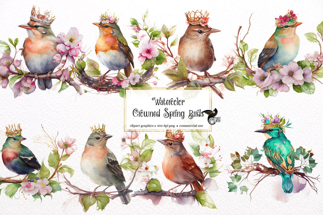 Watercolor Crowned Spring Birds Clipart - Springtime Cute Birds and ...
