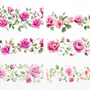 Watercolor Pink Rose Borders Clipart - Seamless Roses and Leaves in PNG ...
