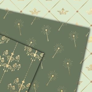 Sage and Gold Princess Digital Paper, Seamless Mint Green Princess ...