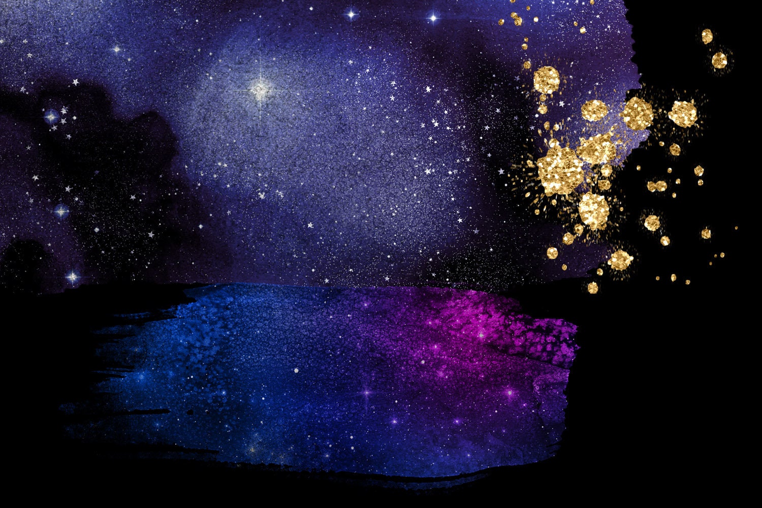 Watercolor Galaxy Paint Elements With Gold Glitter and Brush | Etsy