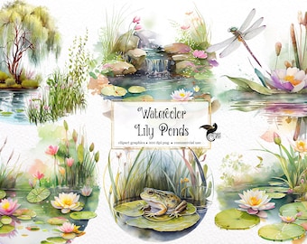 Watercolor Lily Pond Springtime Cute Lilly Pad and Frog Water ...
