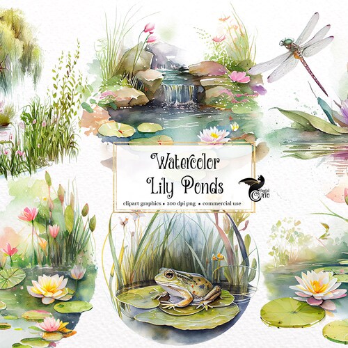Watercolor Lily Pond Clipart Springtime Cute Lily Pad and - Etsy
