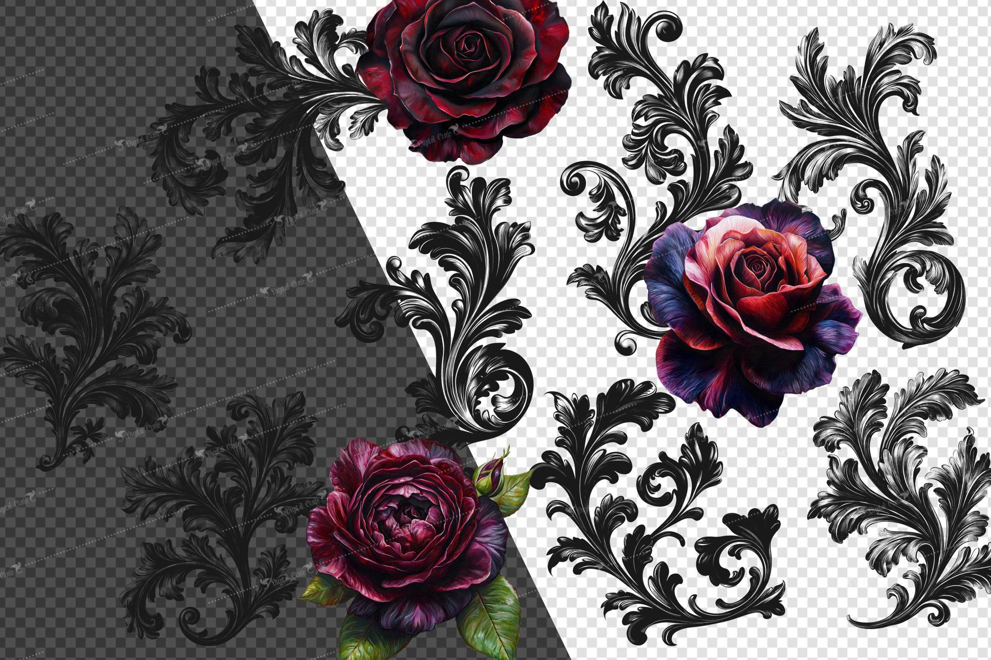 Dark Baroque Roses Clip Art, Vintage Floral PNG Embellishment (digital ...